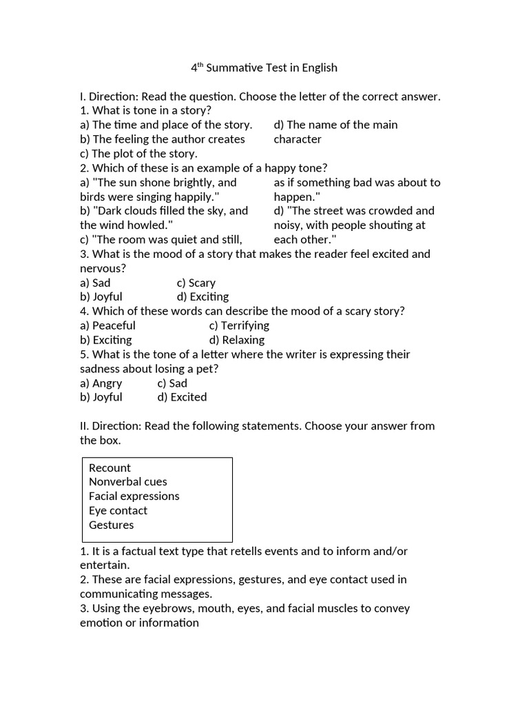 4th Grade English Summative Test Guide | PDF | Facial Expression
