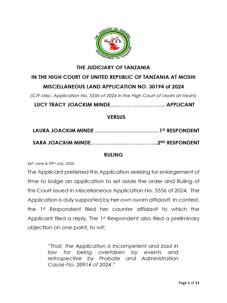Lucy Tracy Joackim Minde Vs Laura Minde (Preliminary Objection Is Raised On Pure Point of Law ...