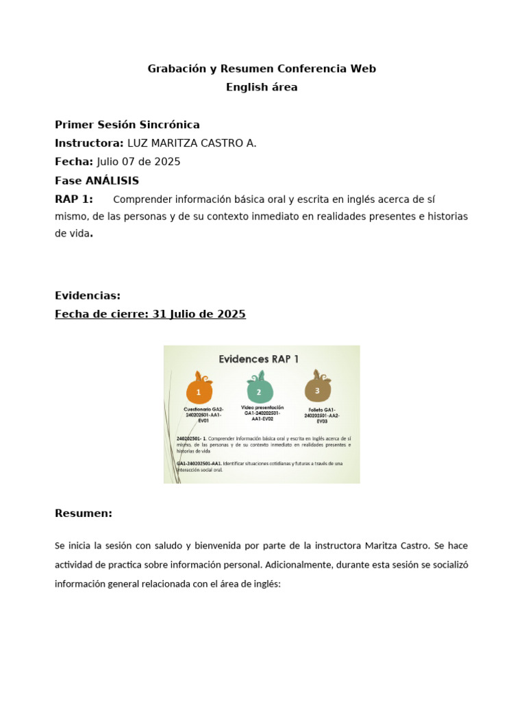 RESUMEN - Area de Inglés - Sesion 07 de Julio de 2025 | PDF