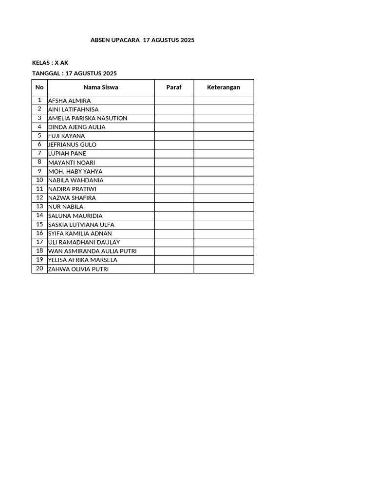 Absen Upacara 17 Agustus 2025 Kelas X | PDF
