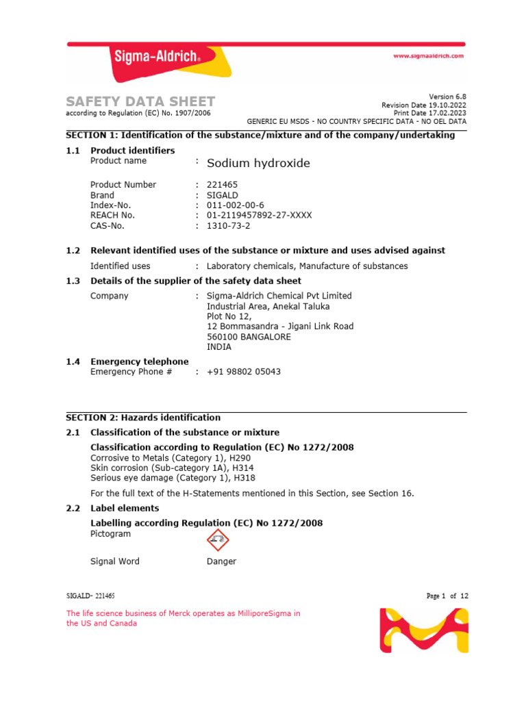 SDS Sodium Hydroxide Sigma Aldrich | PDF | Dangerous Goods | Chemistry