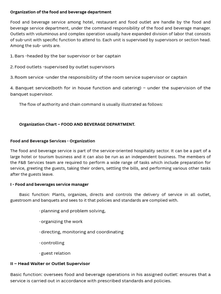 Organization of The Food and Beverage Department | PDF