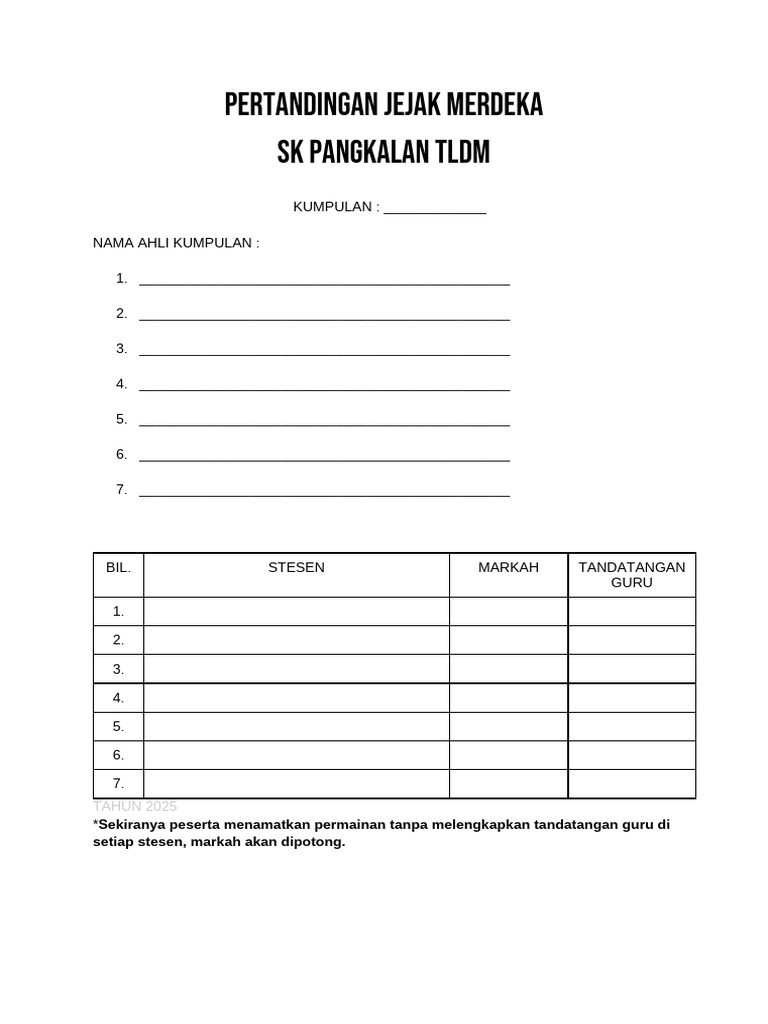 Borang Pertandingan Jejak Merdeka | PDF