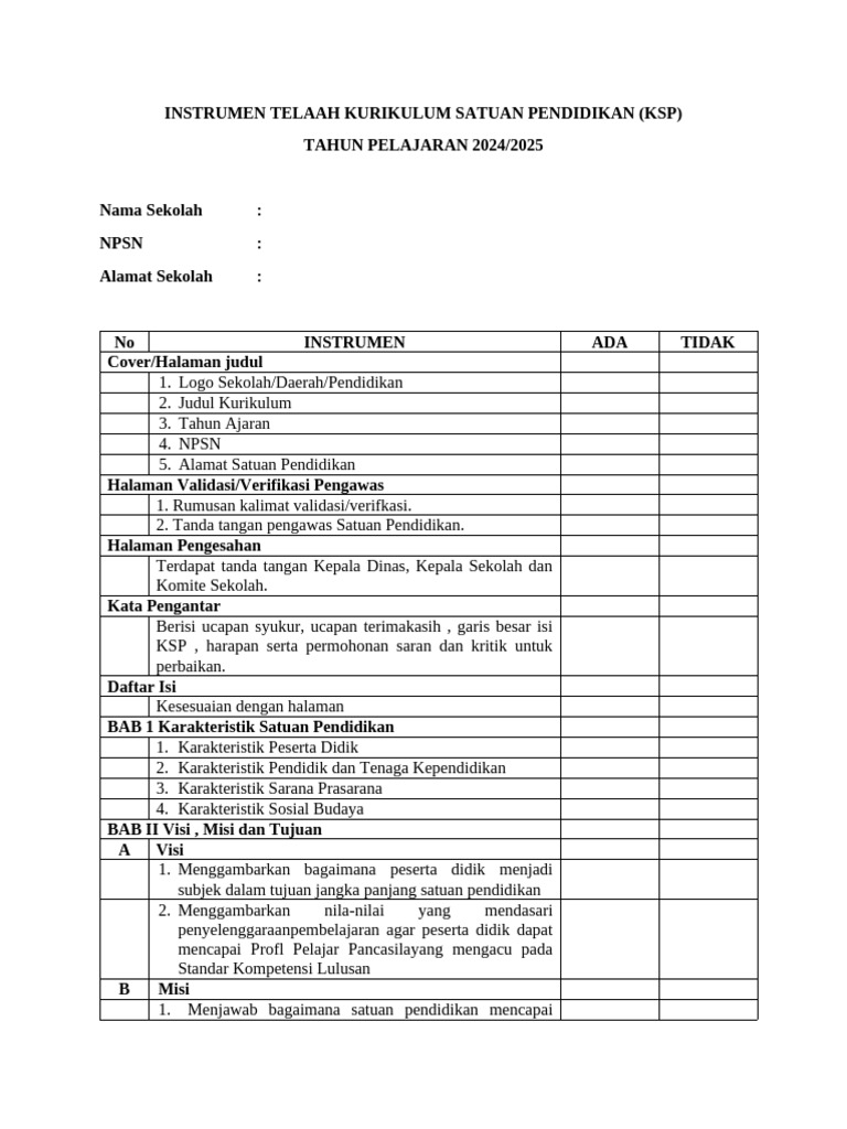 Instrumen Telaah Kurikulum KSP 2024/2025 | PDF