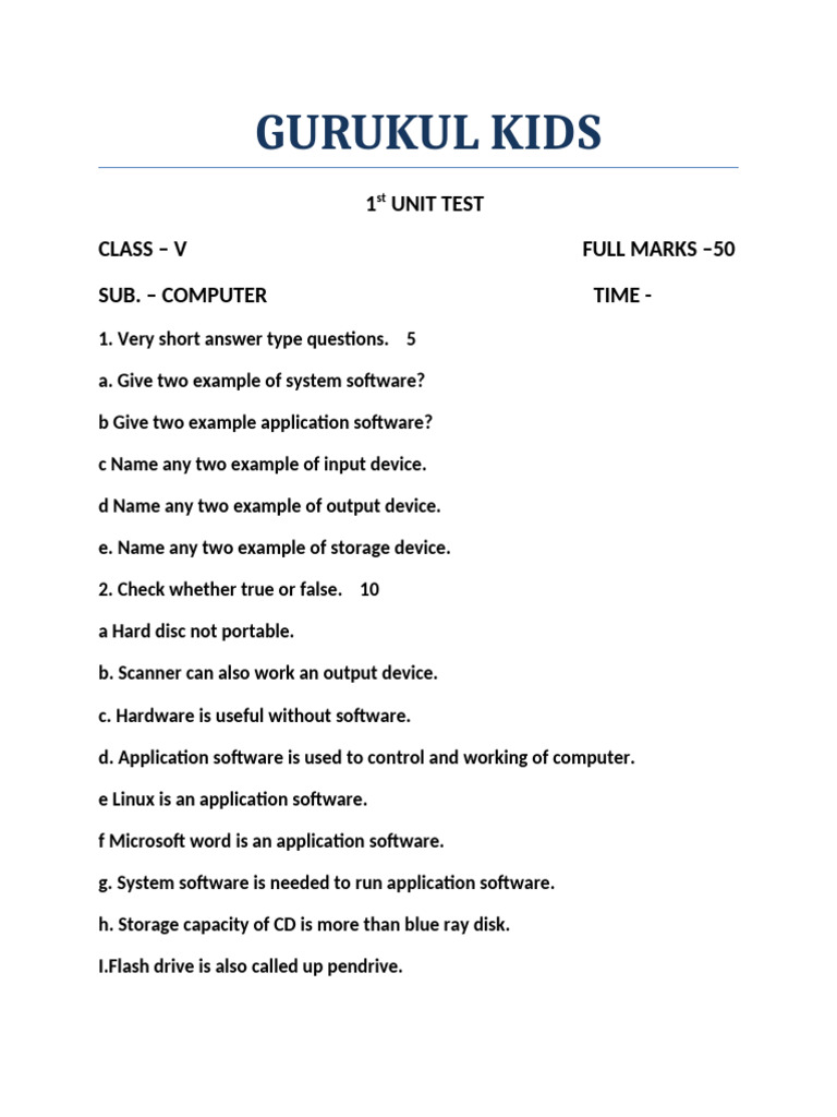 Class V Computer Unit Test Questions | PDF