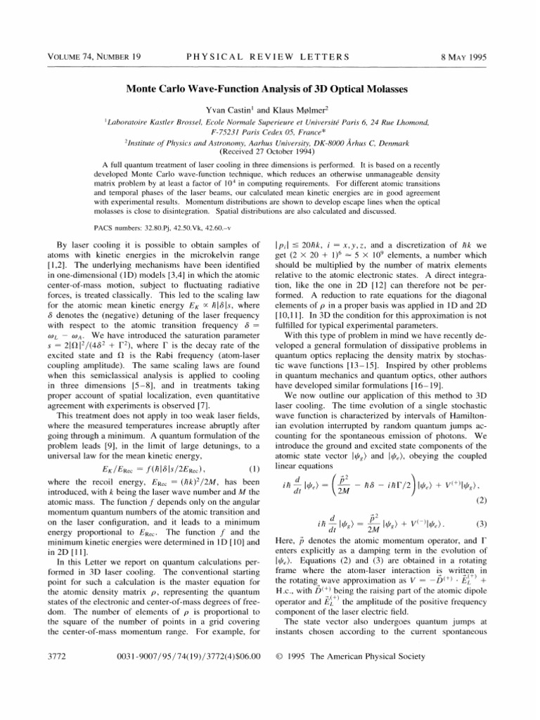 Monte Carlo Wave-Function Analysis of 3D Optical Molasses | PDF | Wave ...
