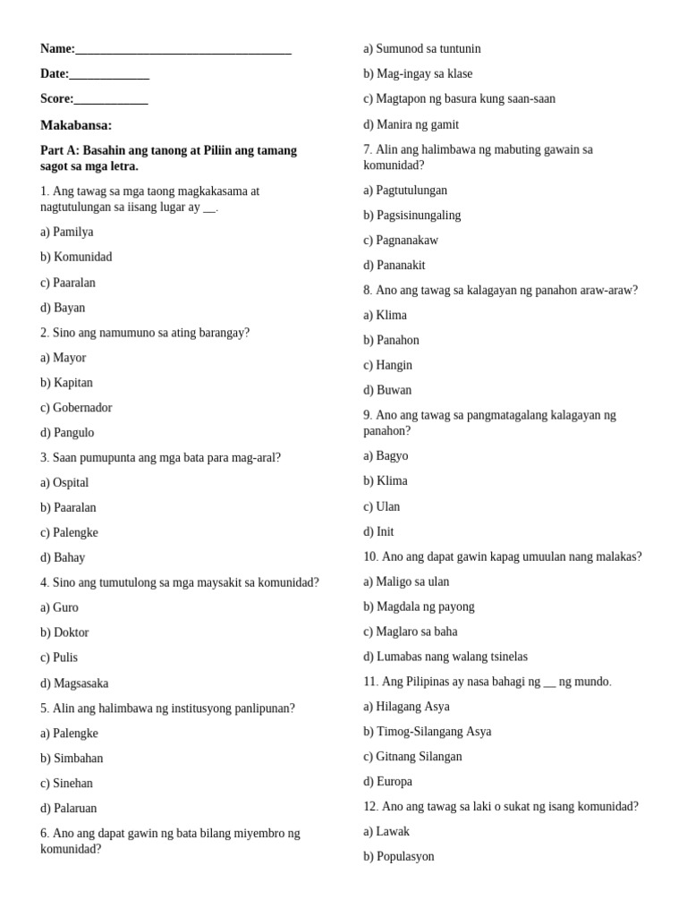 1st Quarter Exam Grade 2 | PDF