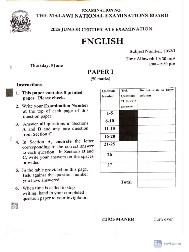 2025 Jce English P 1 | PDF