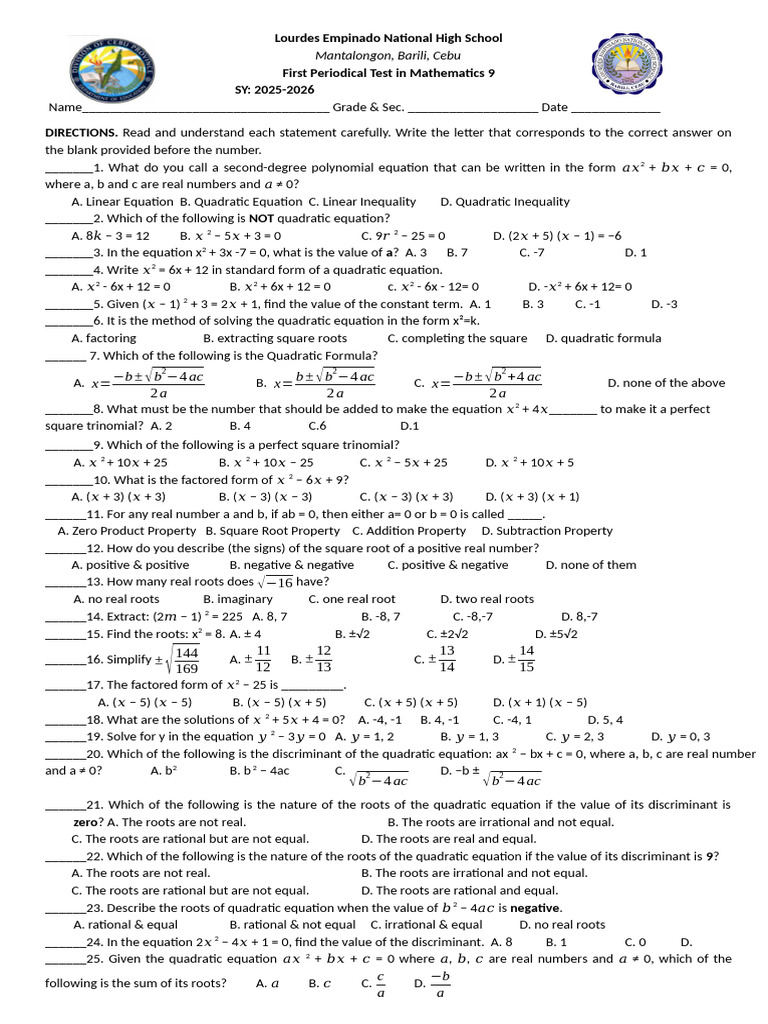 Math 9 Periodical Test Guide | PDF | Quadratic Equation | Equations