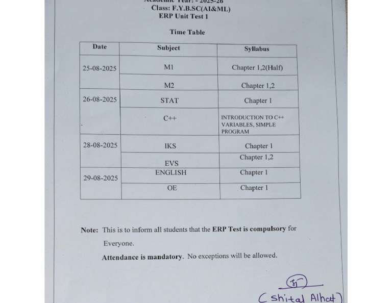 Timetable of Test | PDF
