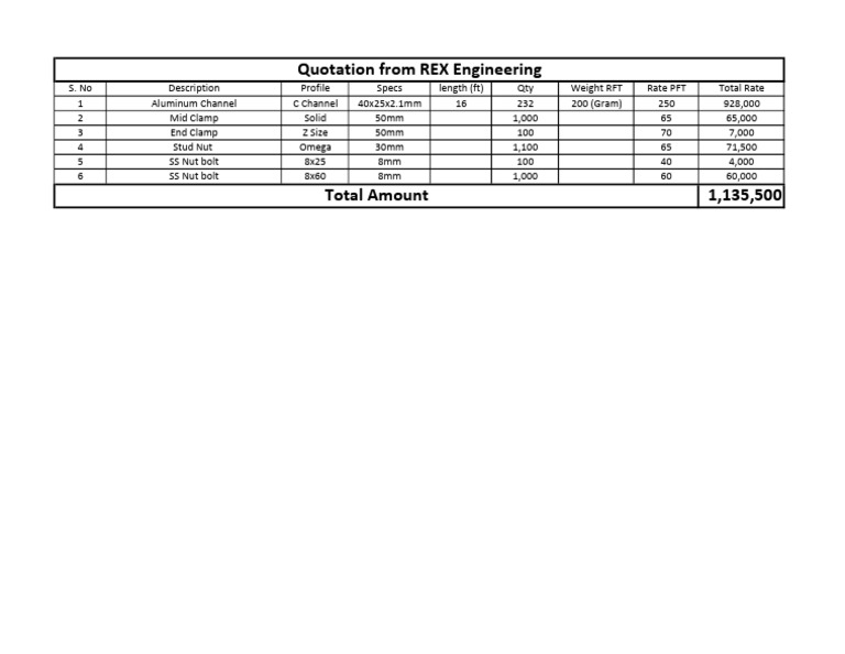REX Engineering Material Quotation | PDF
