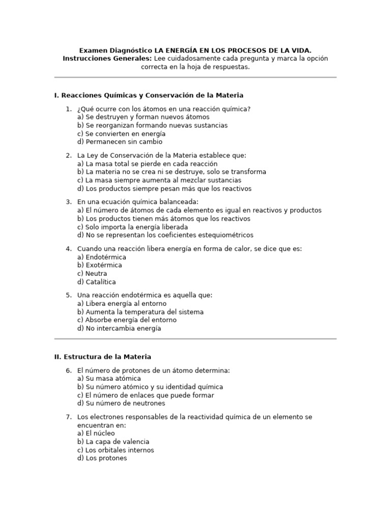 Examen Diagnóstico La Energía en Los Procesos de La Vida | PDF ...