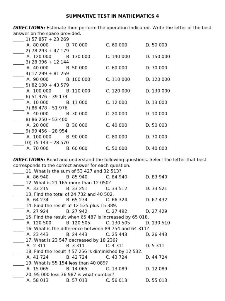 Math4 Q1 W7 8 Summative Test 4 | PDF | Summation | Chess