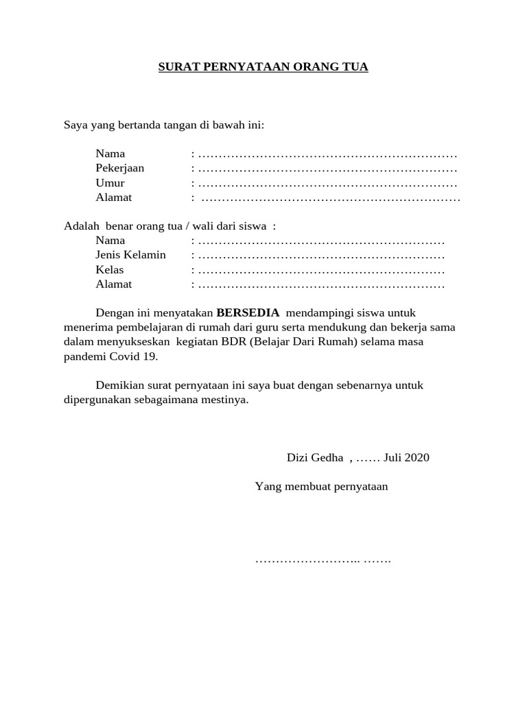 Surat Pernyataan Orang Tua Siswa SDN Dizi Gedha | PDF
