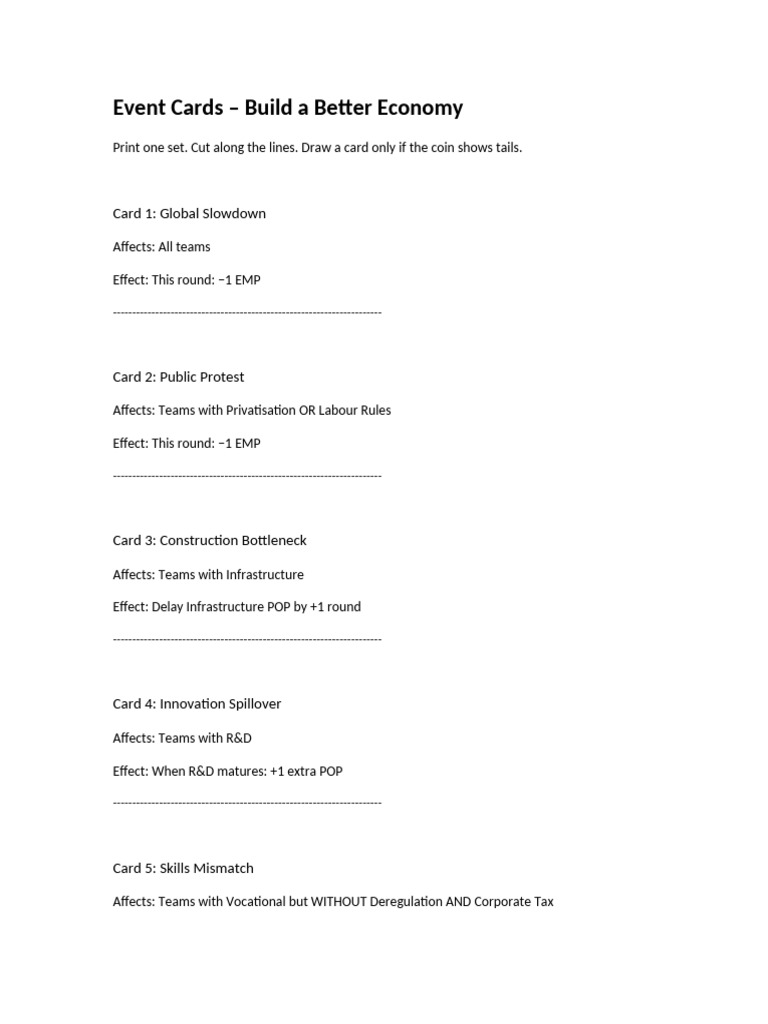 Event Cards for Economic Strategy Game | PDF