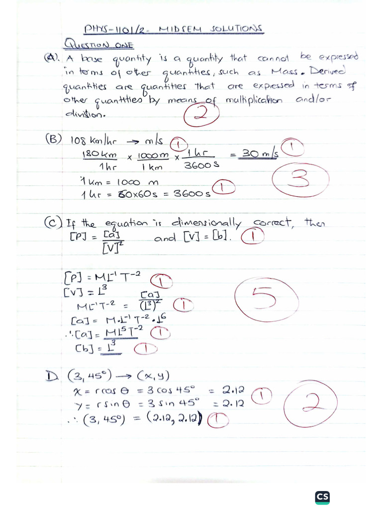 PHYS-1101-2 Mid Semester Solutions (08-2025) | PDF