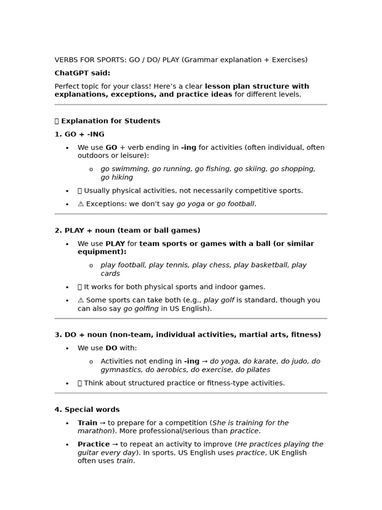 VERBS For SPORTS - GO - DO - PLAY - Grammar Explanation - Exercises ...