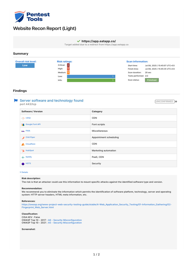 Website Recon Report: EatApp Analysis | PDF | Application Layer ...