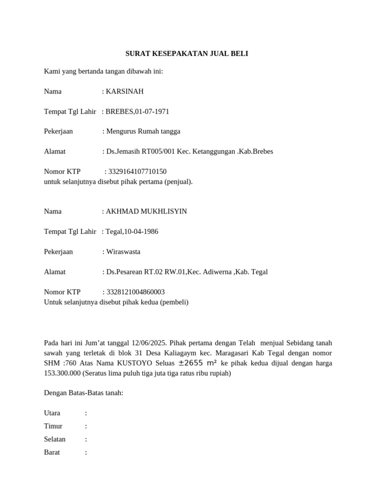 Surat Keterangan Tanah Kustoyo Malu | PDF