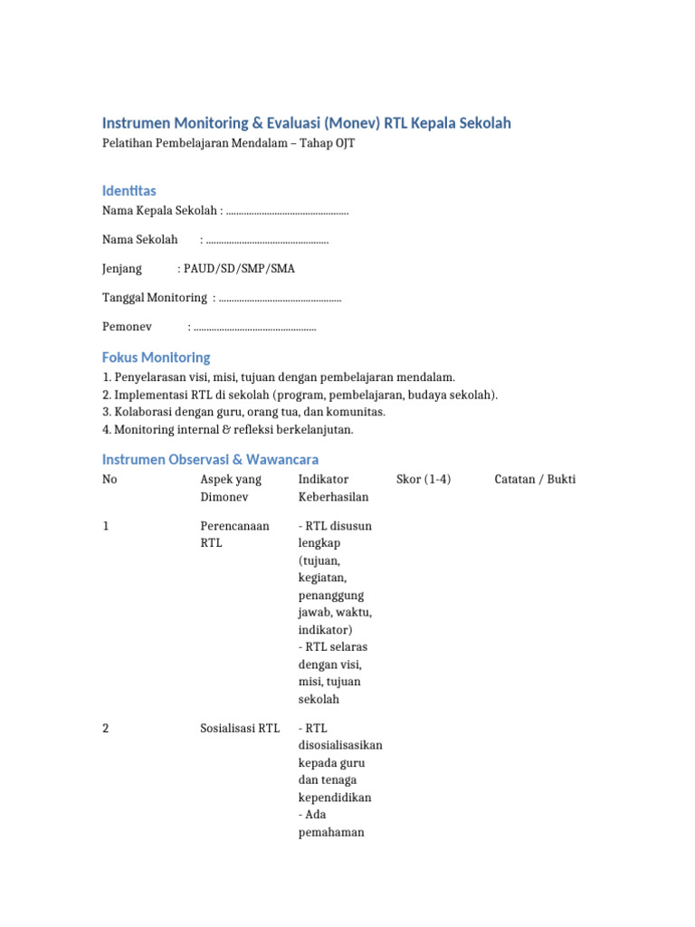 Instrumen Monev RTL Pembelajaran Mendalam | PDF