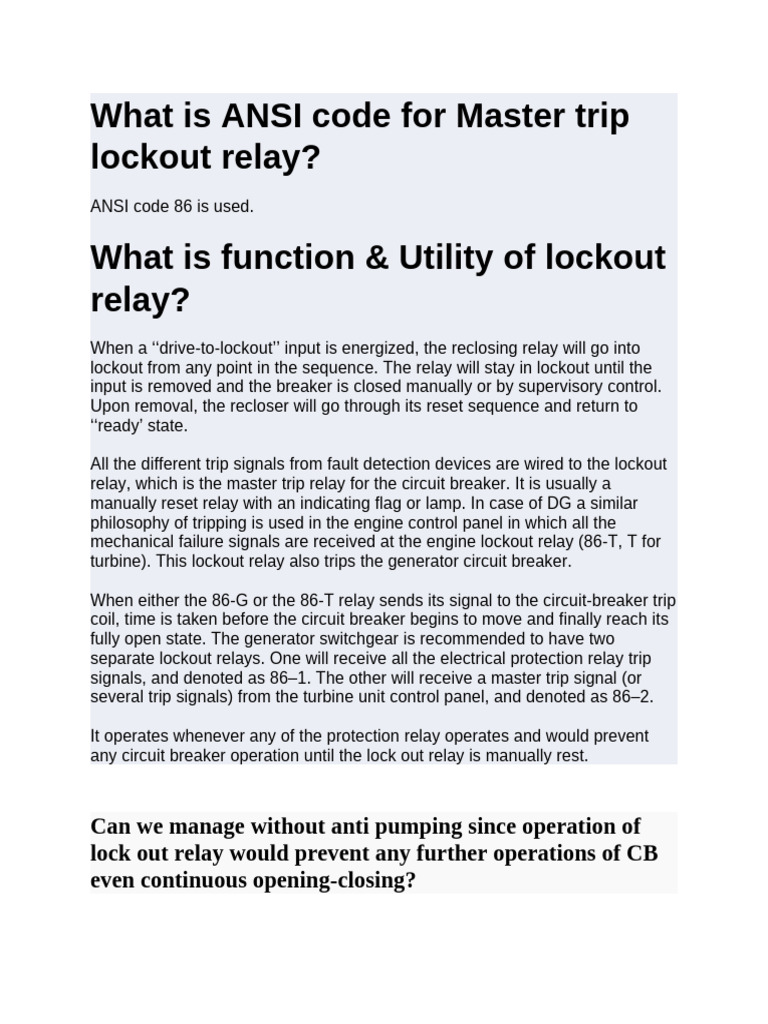 Understanding ANSI Code 86 Lockout Relay | PDF | Relay | Manufactured Goods