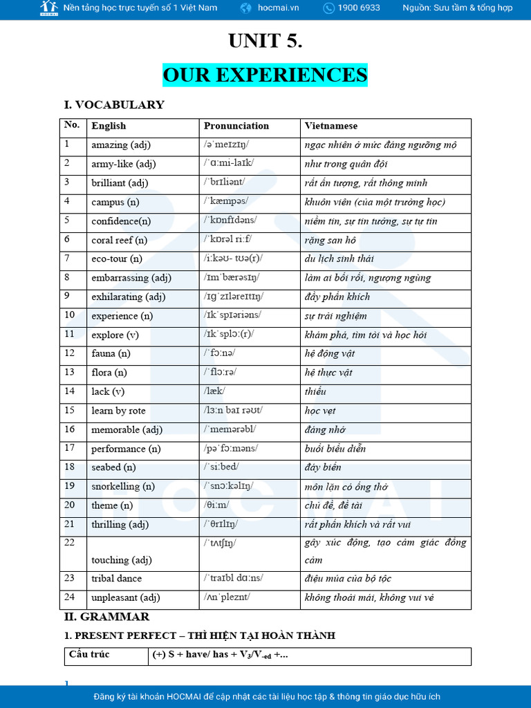 Tu Vung Va Ngu Phap Tieng Anh 9 Global Unit 5 OUR EXPERIENCES 1 | PDF