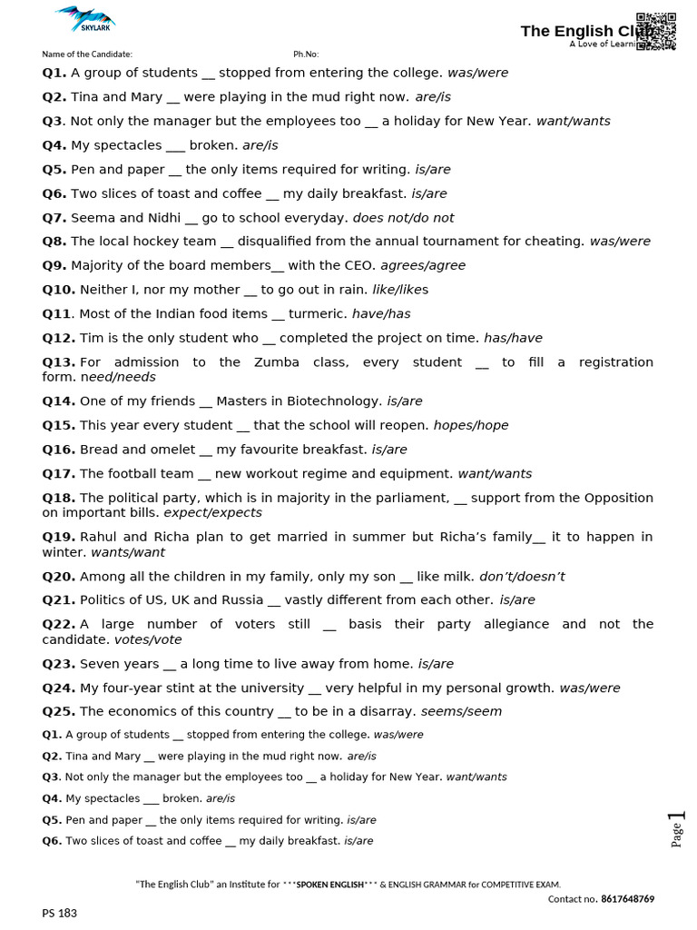 PS 183 Agreement To The Verb | PDF