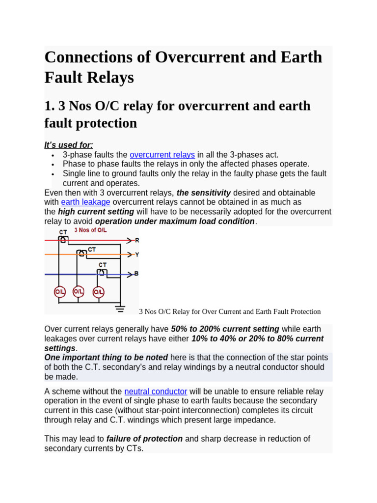Connections of Overcurrent and Earth Fault Relays | PDF | Relay ...