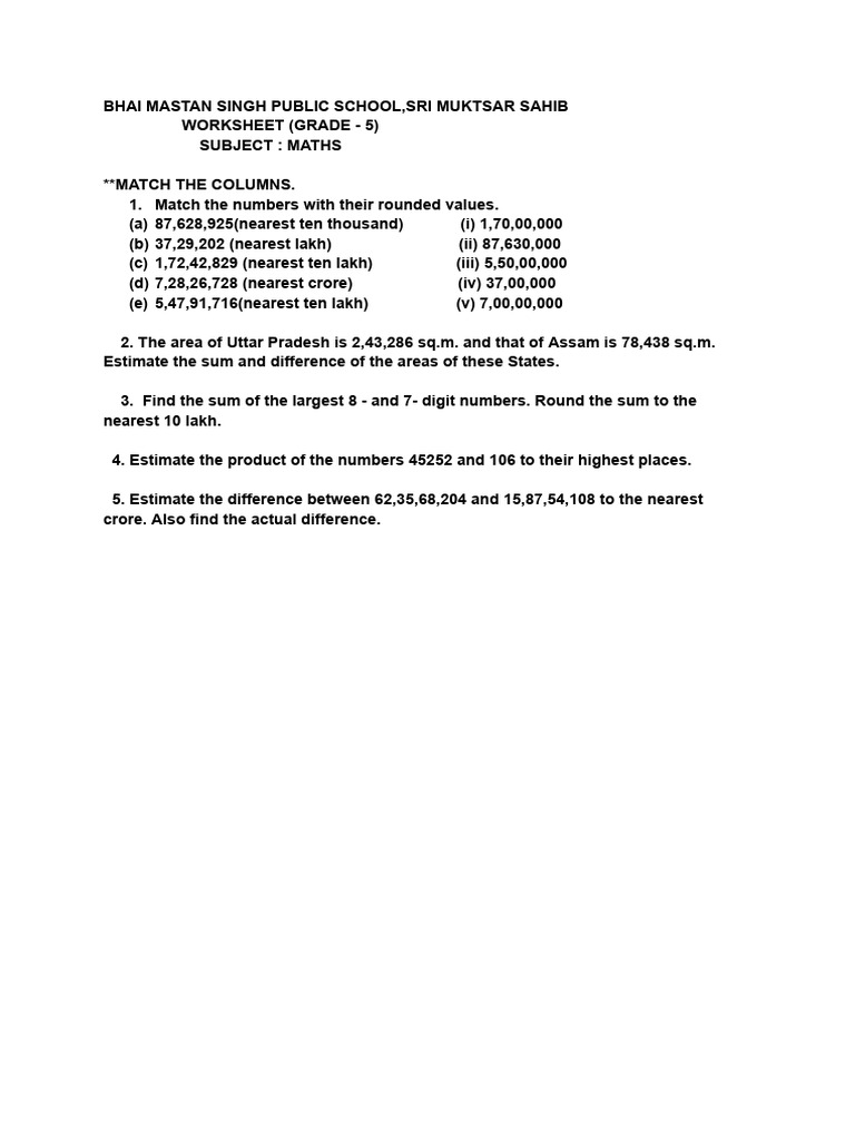 Worksheet(Grade 5) Maths | PDF