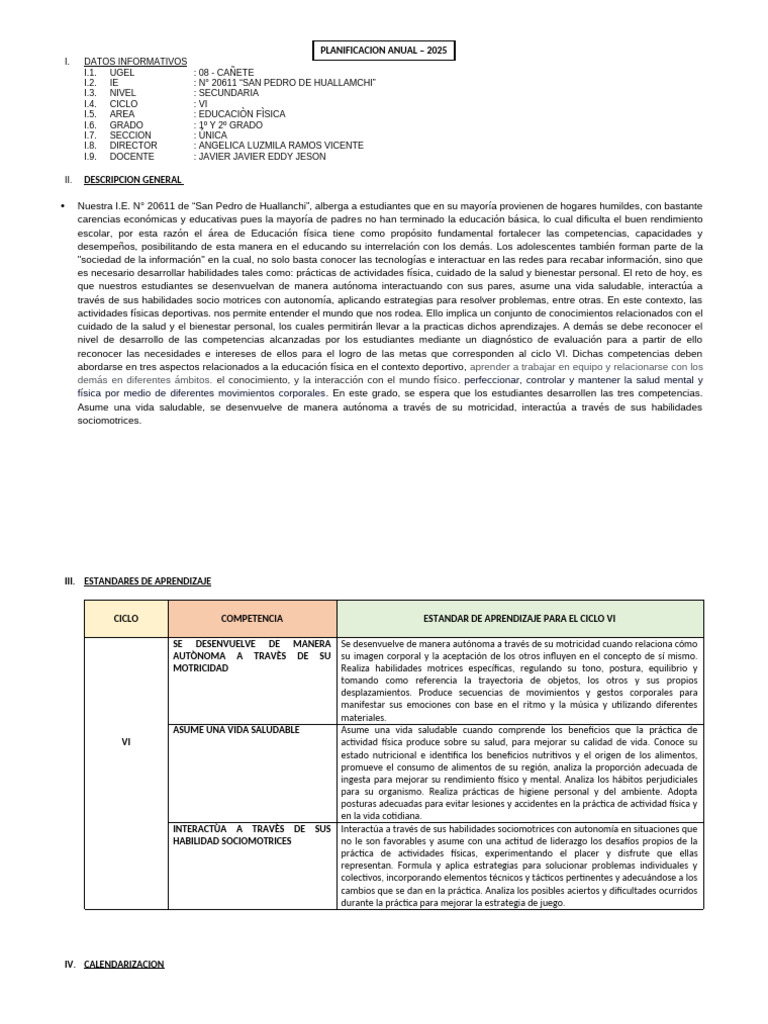 Programación Anual Ed. Física Vi Ciclo Ie.20611 (1) | PDF | Aprendizaje