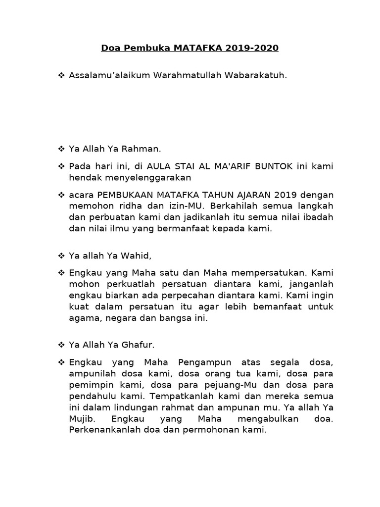 Doa Pembuka Acara Resmi MATAFKA | PDF