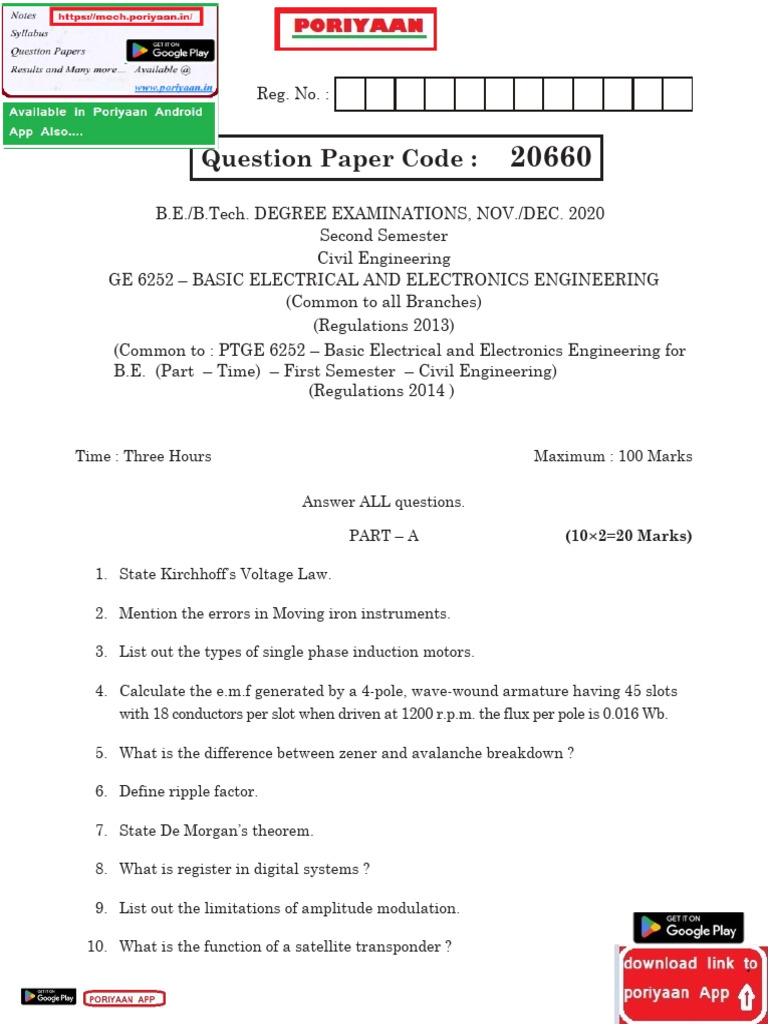 BE3251 Basic Electrical and Electronics Engineering Reg 2021 November December 2020 Question ...