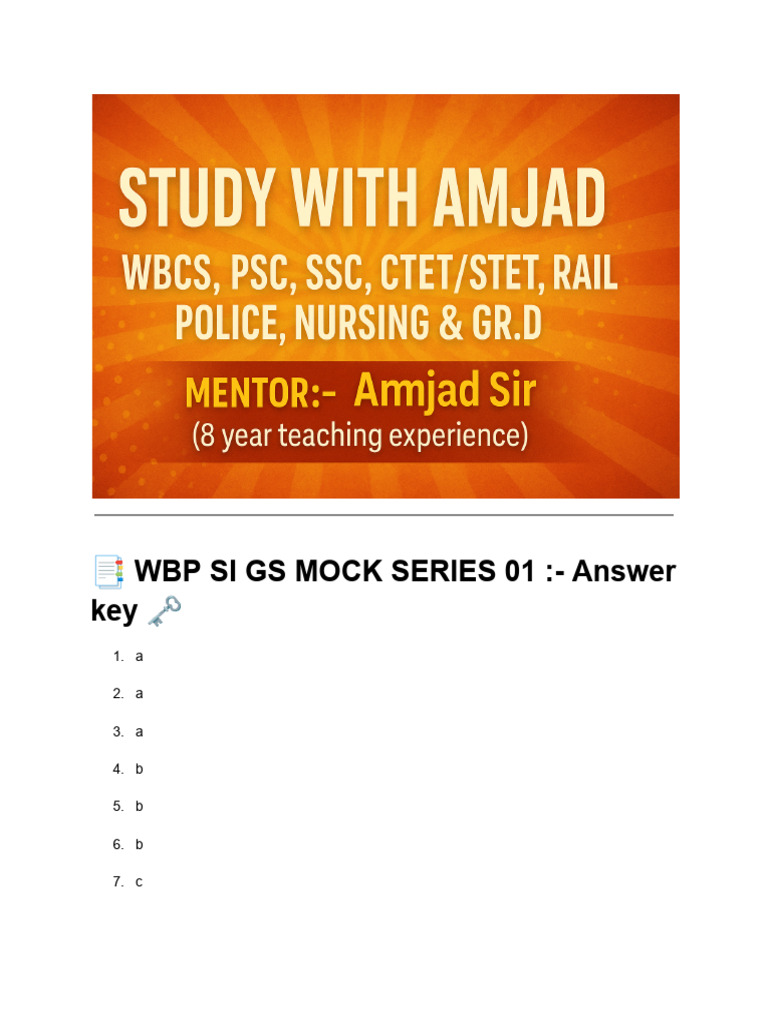 ? WBP SI GS MOCK SERIES 01 - Answer Key ? | PDF