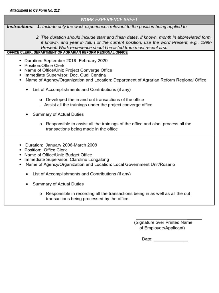 CS Form No. 212 Attachment - Work Experience Sheet | PDF
