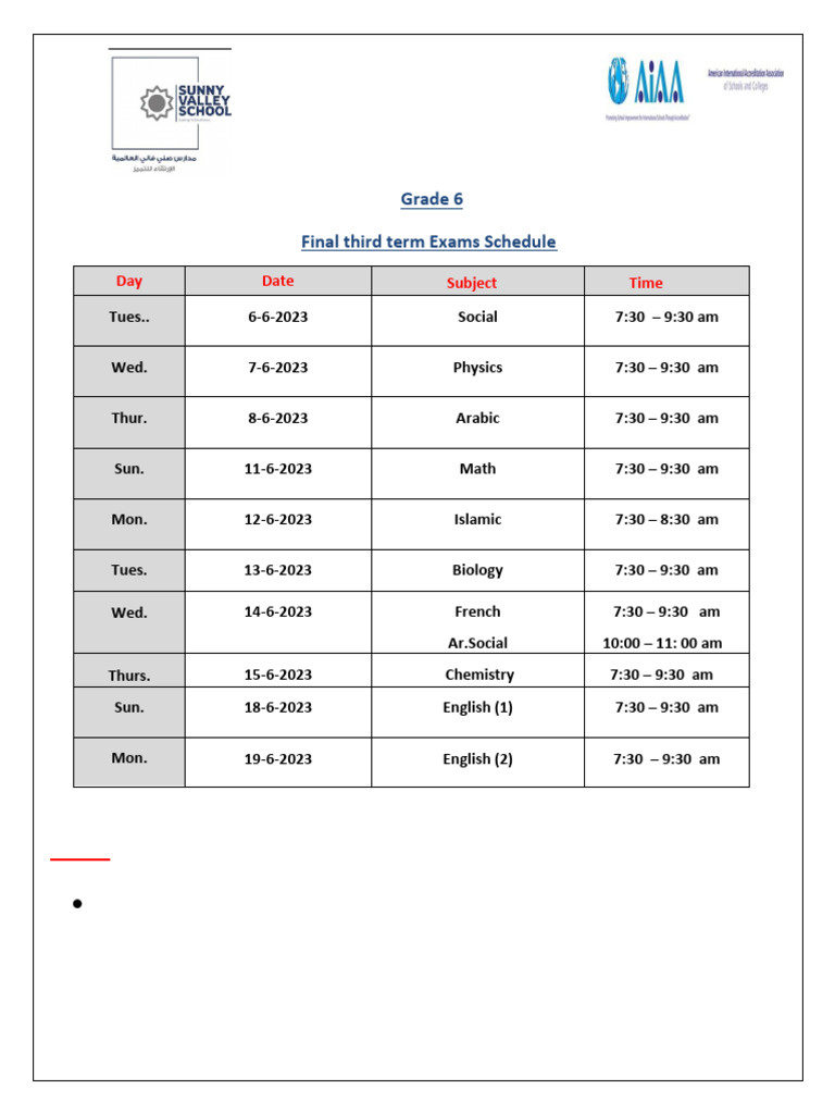 Grade 6 Final Exam Schedule 2023 | PDF