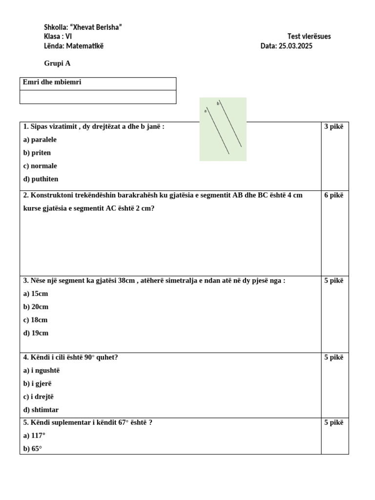 Test Klasa 6 - Grupi A | PDF