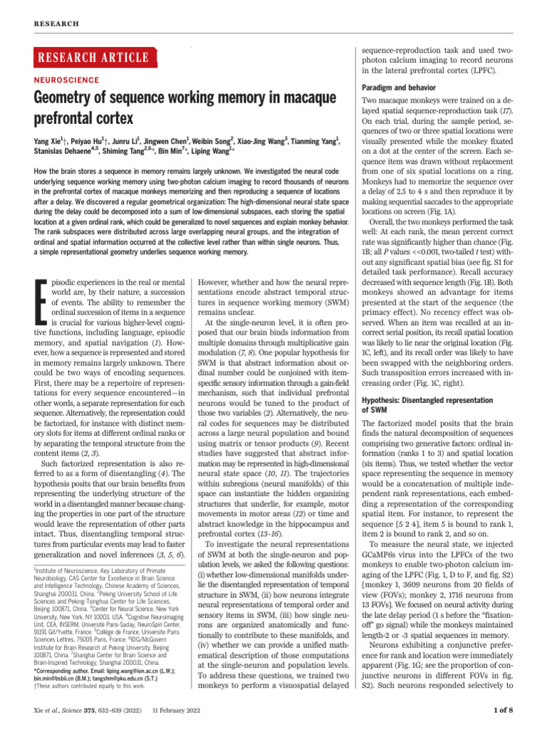 Geometry of Sequence Working Memory in Macaque Prefrontal Cortex (Xie ...