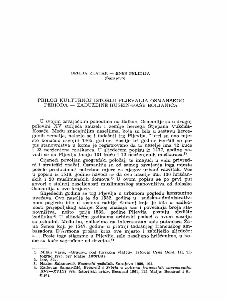 Behija Zlatar, Enes Pelidija, "Prilog Kulturnoj Istoriji Pljevalja ...
