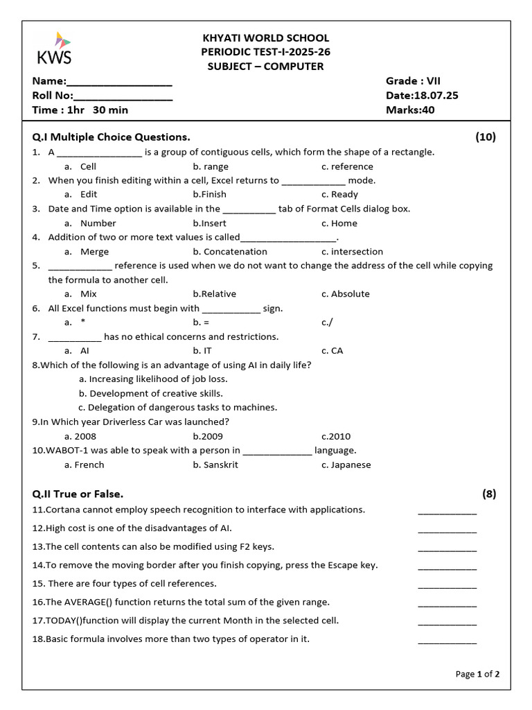 Computer Test Paper for Grade VII | PDF | Microsoft Excel | Artificial ...