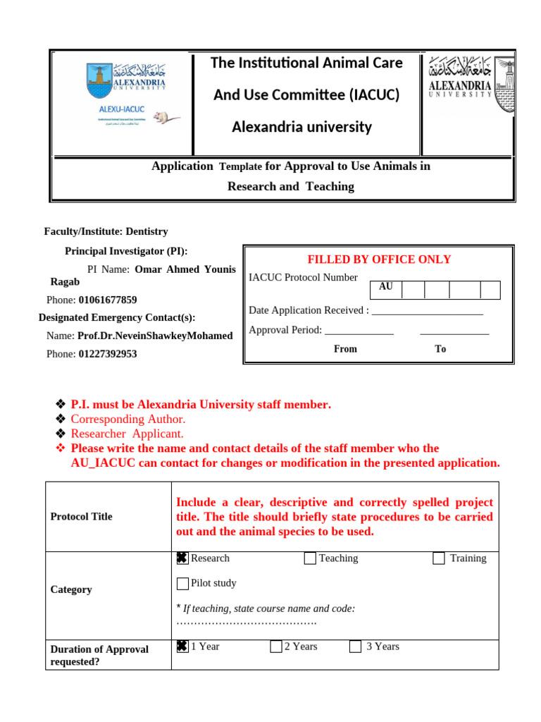 IACUC Animal Research Approval Template | PDF | Surgery | Dental Implant