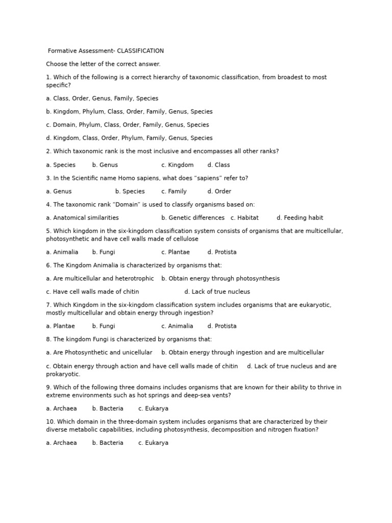 Formative Assessment - CLASSIFICATION | PDF | Biology | Organisms