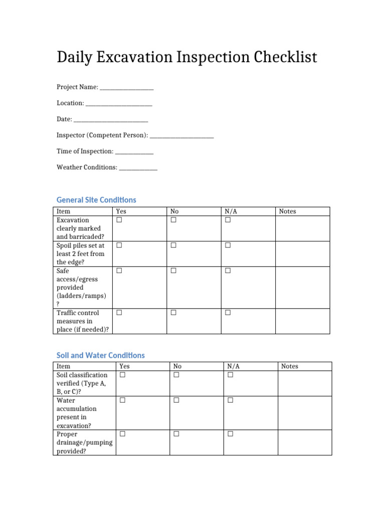 HANDOUT+OSHA Daily Excavation Inspection Checklist | PDF | Working ...