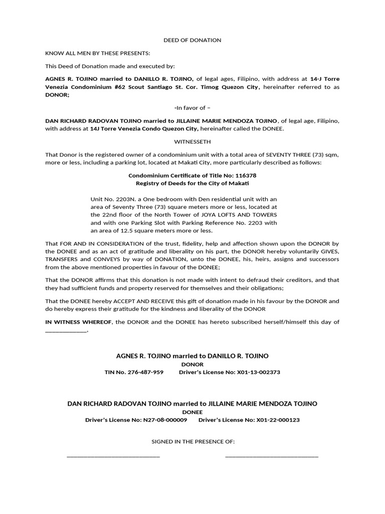 Deed of Donation Tojino 06062023 | PDF | Natural Resources Law | Private Law
