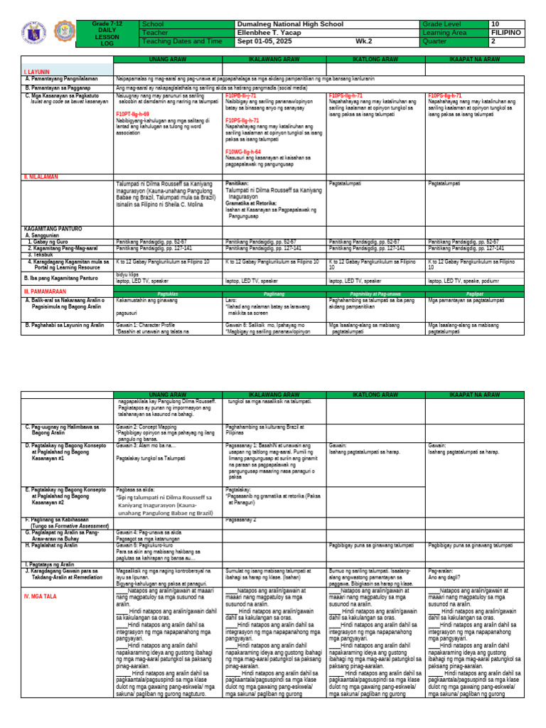 DLL Filipino 10-Aralin 2.1 | PDF