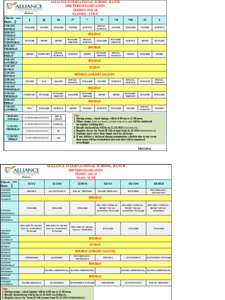 Mid Term Exam Schedule 2025-26 | PDF