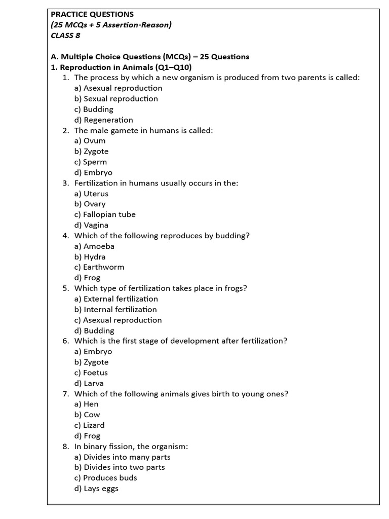 PRACTICE QUESTIONS Class 8th Reproduction in Animals 2025 | PDF ...