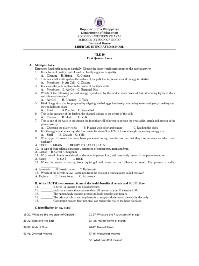 TLE 10 First Summative Quarter 1 | PDF | Cereals | Yolk