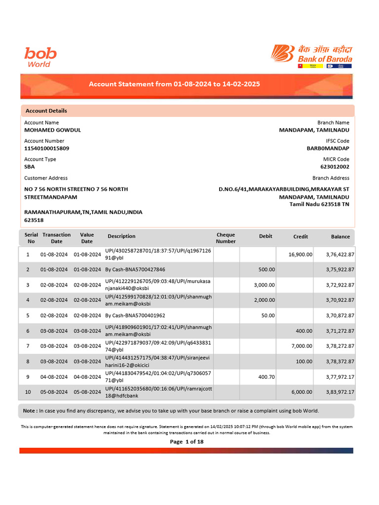 Mohamed Gowdul Statement Bank of Baroda | PDF | Debits And Credits | Cheque