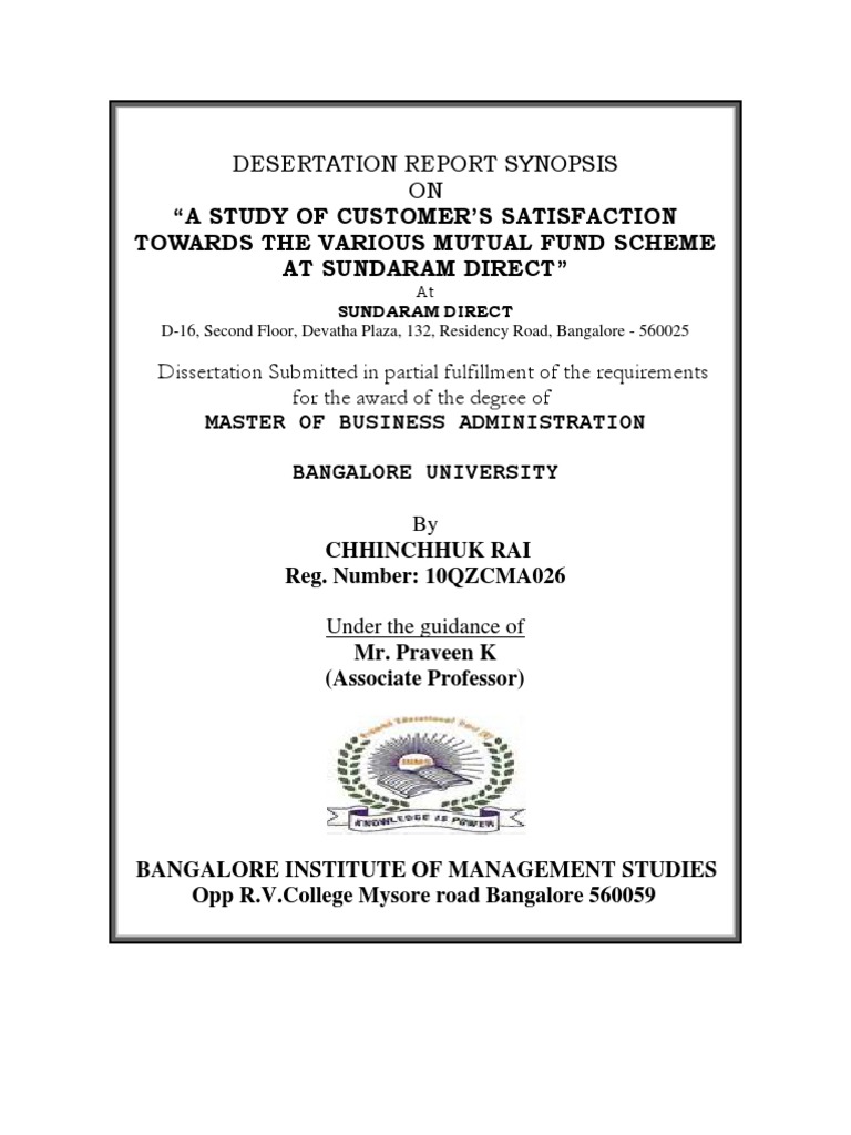 Desertation Report Synopsis ON: at D-16, Second Floor, Devatha Plaza, 132, Residency Road ...