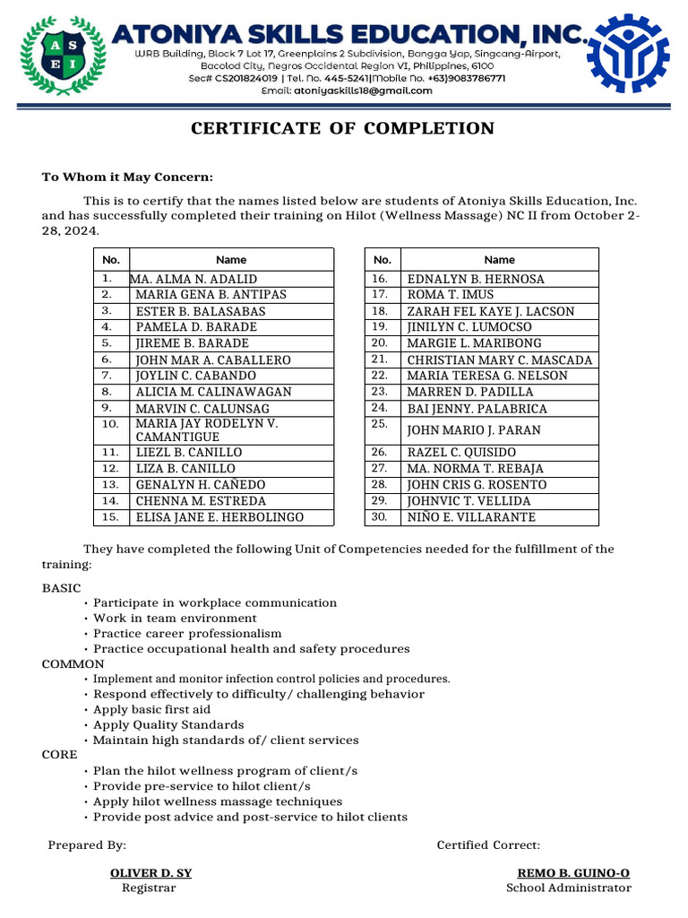 Cert of Completion List | PDF
